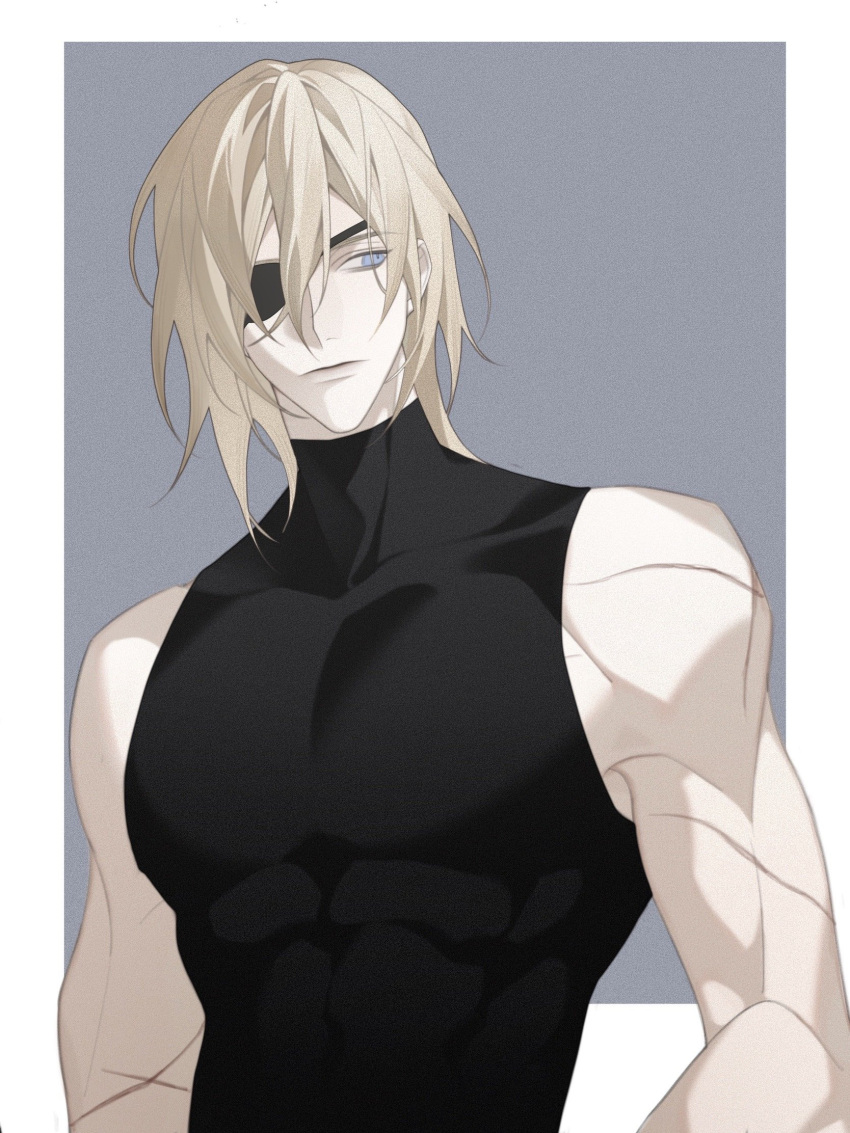 Safebooru - 1boy bare shoulders black shirt blonde hair blue eyes border closed mouth covered ...