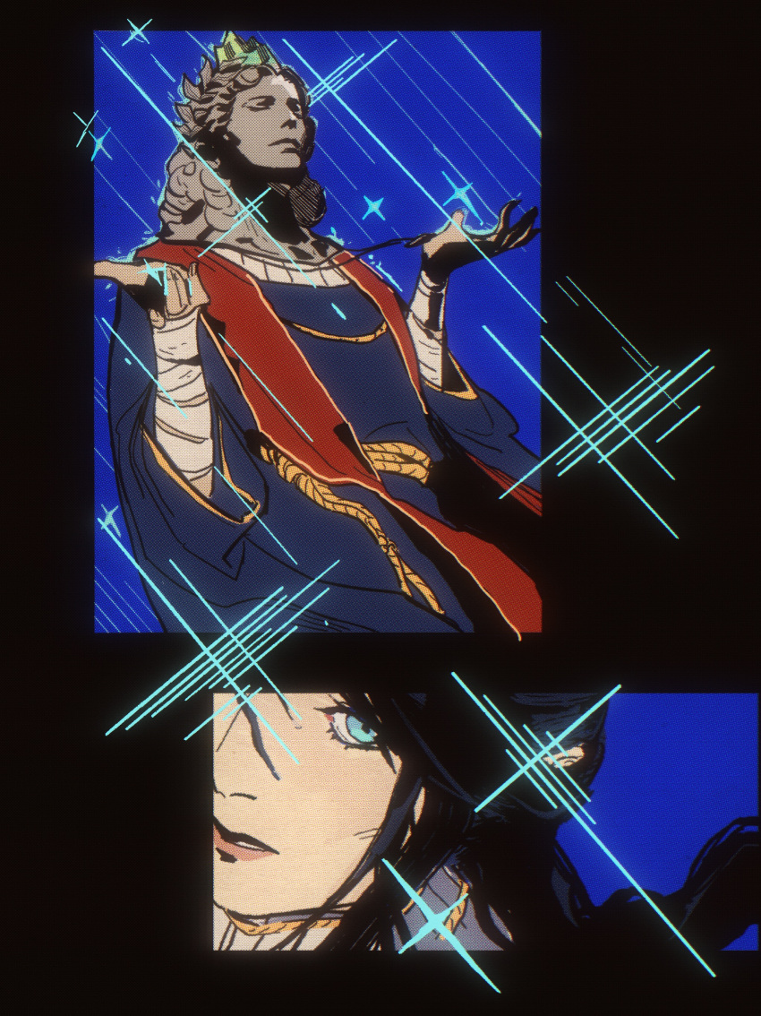 Safebooru - 1girl absurdres bandaged arm bandages black hair blue background blue eyes blue robe ...