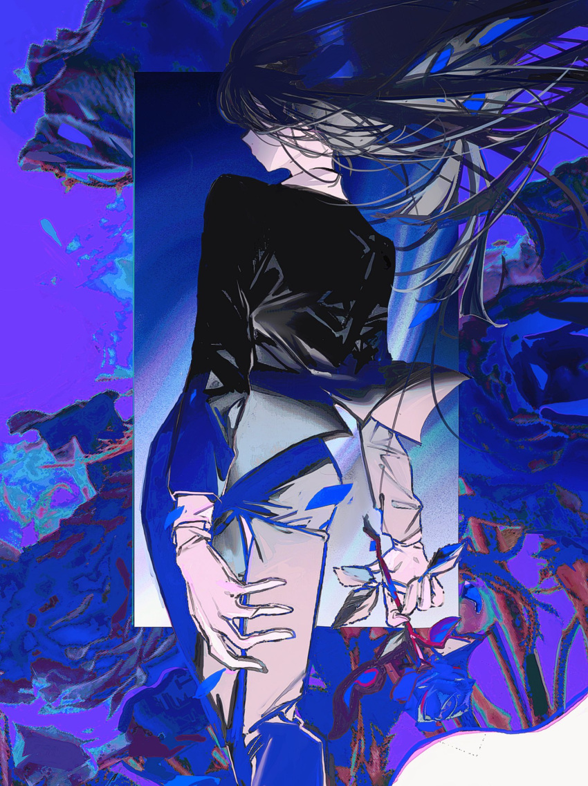 Safebooru - 1girl ado (utaite) black hair black jacket blue flower blue pants blue rose blue ...