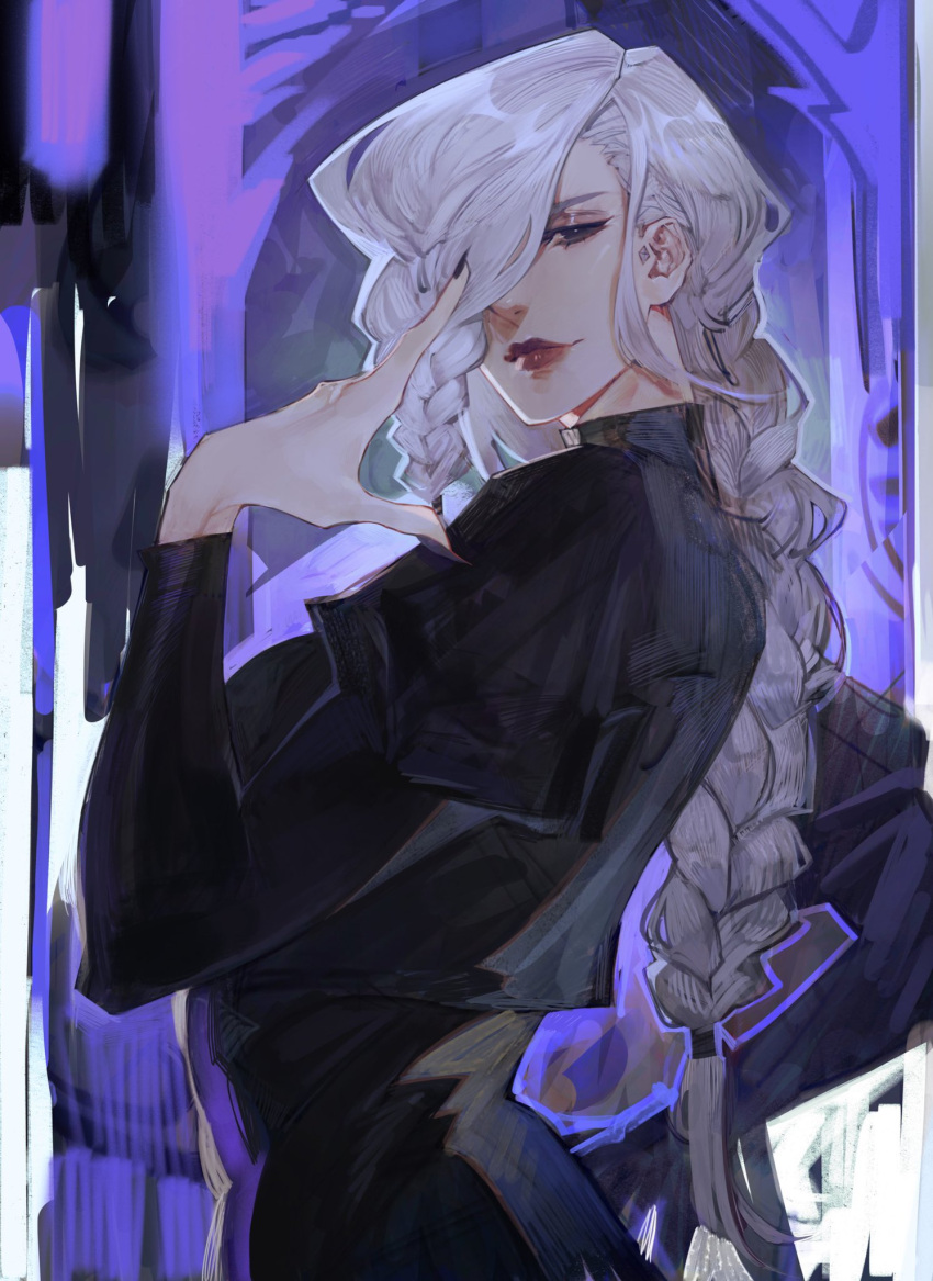 Safebooru - 1girl black dress braid braided bangs braided ponytail dress hair over face hair ...