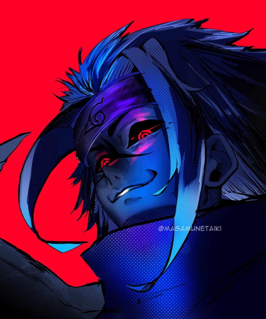 Safebooru - 1boy blue hair blue shirt dark skin evil smile glowing glowing eyes highres looking ...