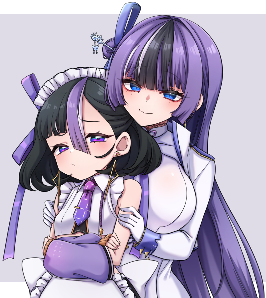Safebooru - 2girls apron black hair blue eyes breasts chiji komari chinese hairpin commentary ...