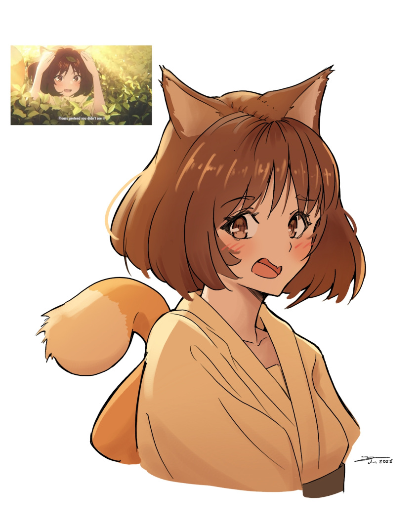 Safebooru - 1girl animal ears blush bob cut brown eyes brown hair brown kimono commentary ...