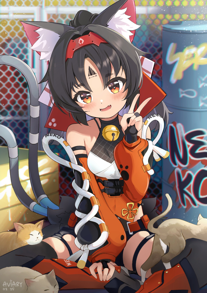 Safebooru - 1girl absurdres animal ears aviary barcode bell black hair black thighhighs cat cat ...