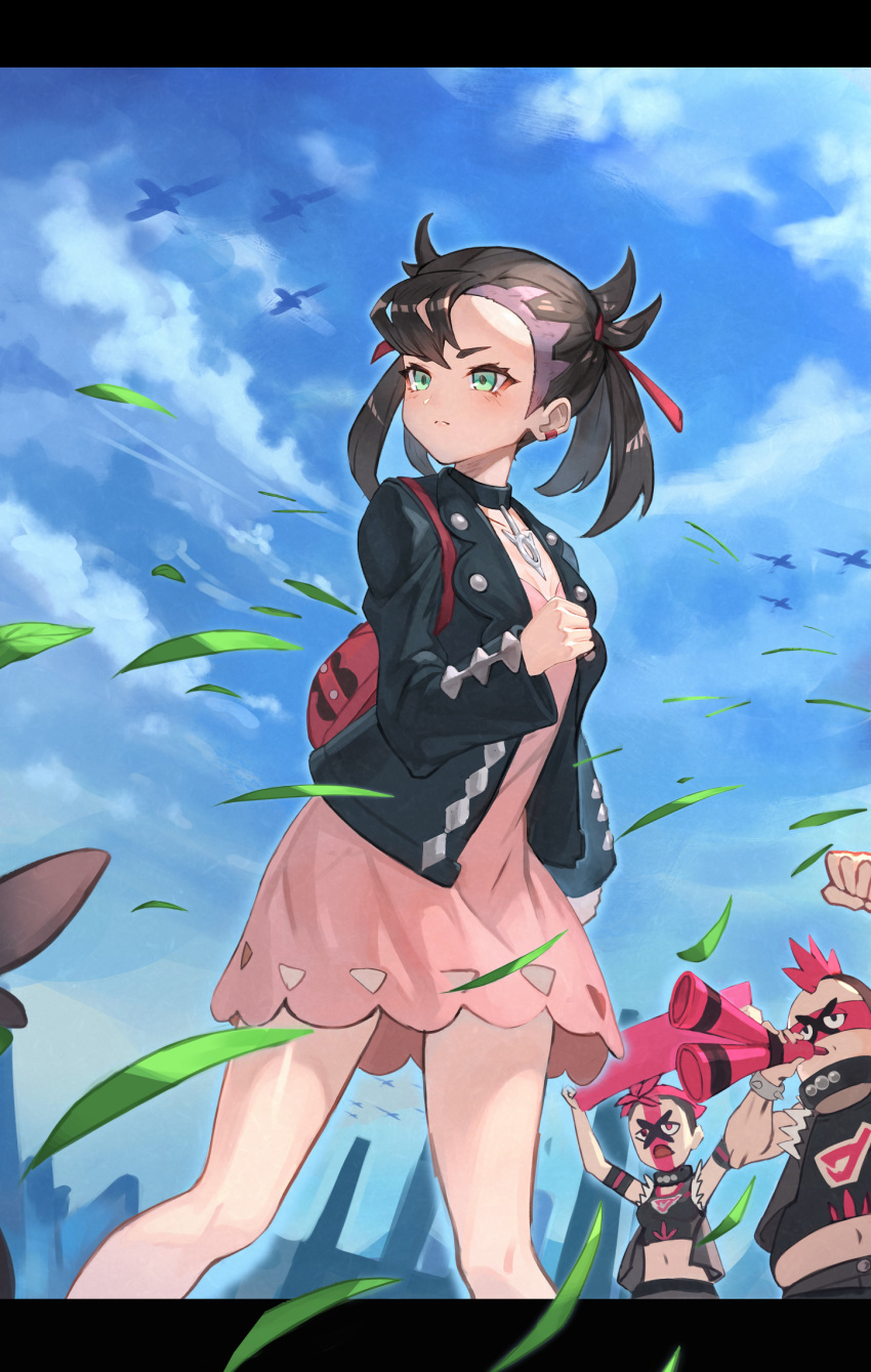 Safebooru - 1boy 2girls asymmetrical bangs backpack bag black choker black hair black jacket ...