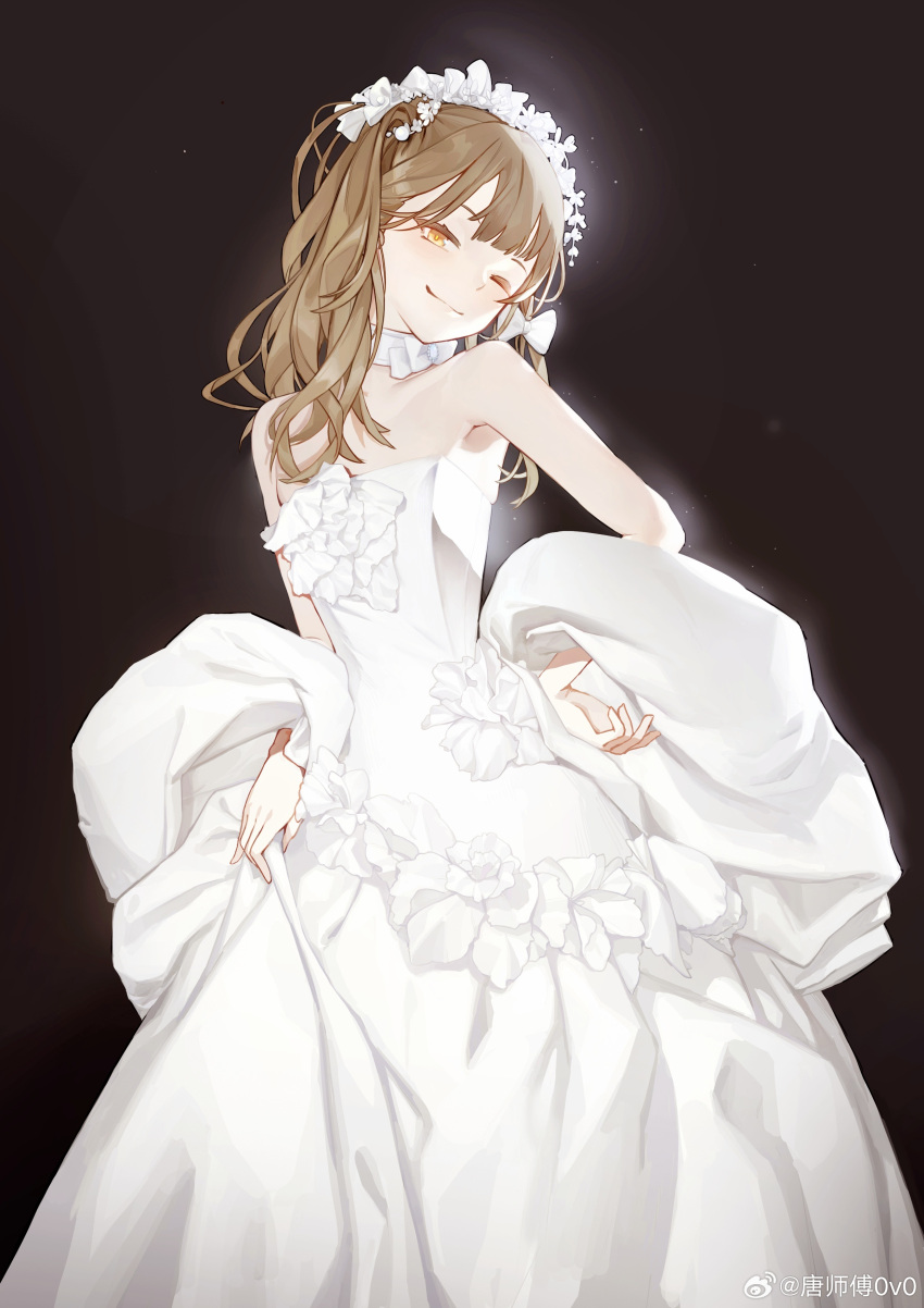 Safebooru - 1girl absurdres bare shoulders black background blonde hair blush bow choker closed ...