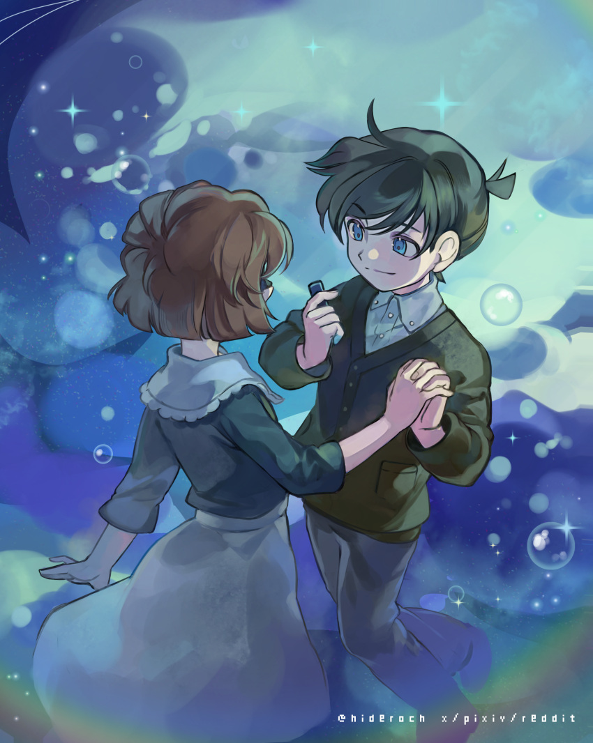 Safebooru - 1boy 1girl absurdres artist name black cardigan black hair brown hair cardigan child ...