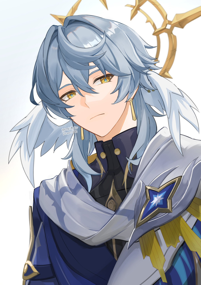 Safebooru - 1boy closed mouth earrings grey hair hair between eyes halo ...