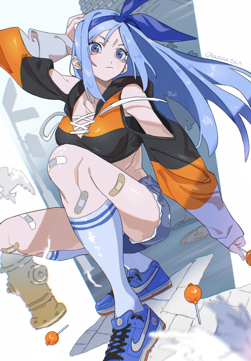 Safebooru - 1girl absurdres bae minah (chaesu) bandaid bandana blue bandana blue eyes blue hair ...
