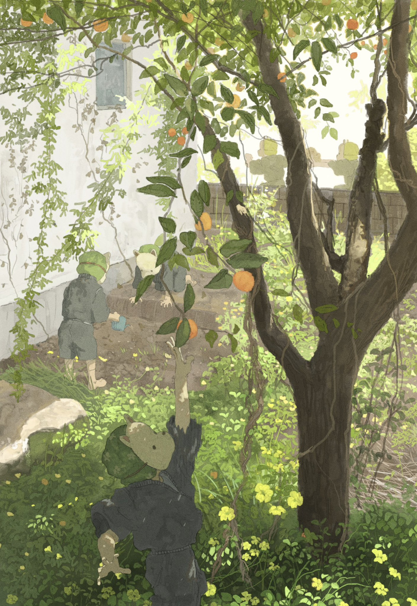 Safebooru - 5boys barefoot building child day dog mask fence food fruit ...