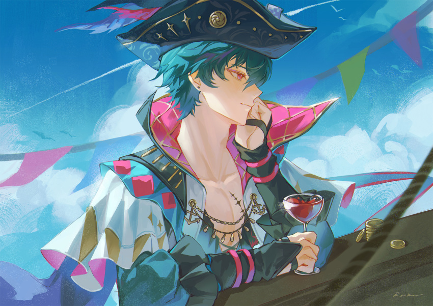 Safebooru - 1boy blue hair blue shirt blue sky brant (wuthering waves) closed mouth coin ...