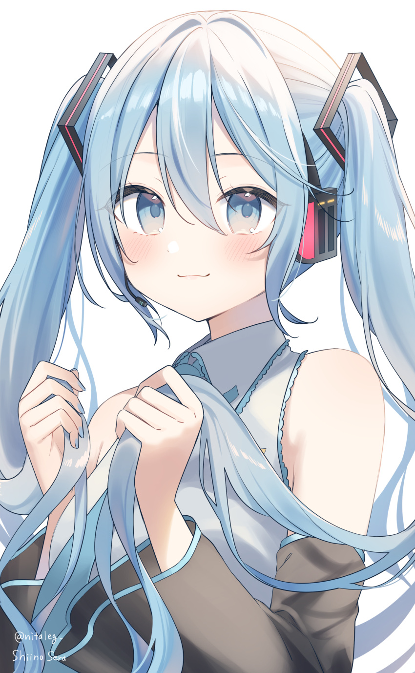 Safebooru - 1girl absurdres bare shoulders black sleeves blue eyes blue hair blue necktie blush ...