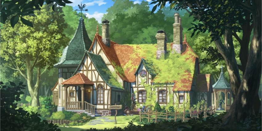 Safebooru - artist request blue sky building bush chimney clouds day ...