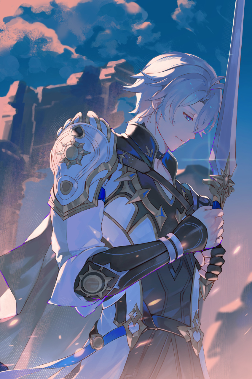 Safebooru - 1boy absurdres armor black choker blue eyes choker closed mouth clouds cloudy sky ...