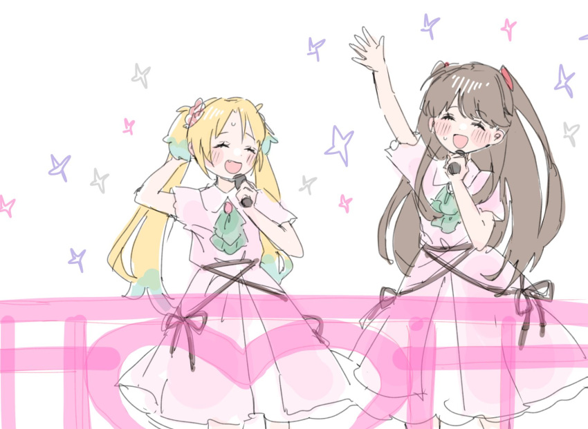 Safebooru - 2girls :d ^ ^ arm up ascot blonde hair blue hair blush ...