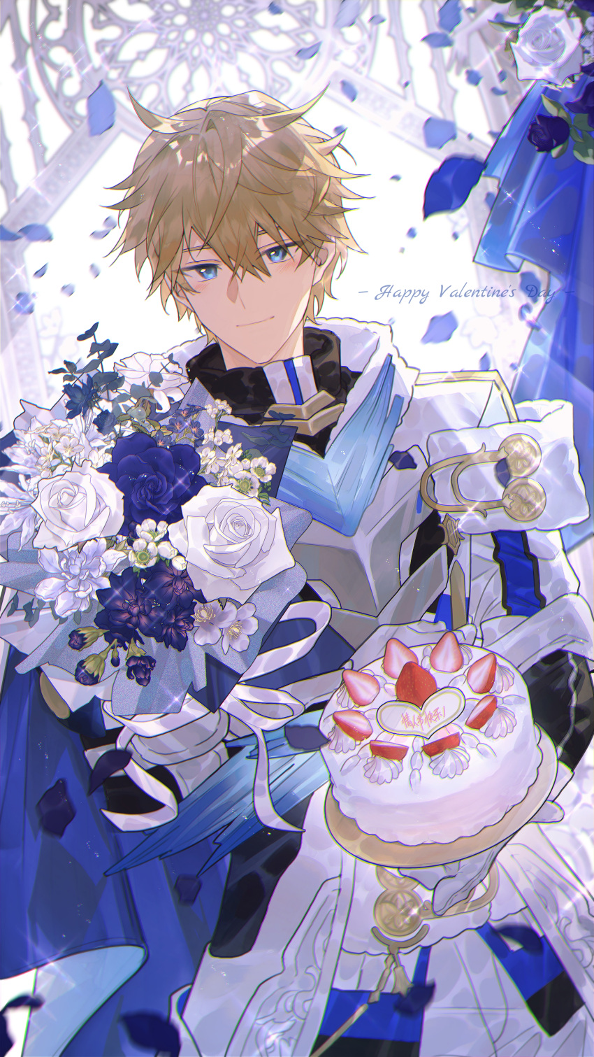 Safebooru - 1boy absurdres ahoge armor blonde hair blue cape blue eyes blue flower bouquet ...