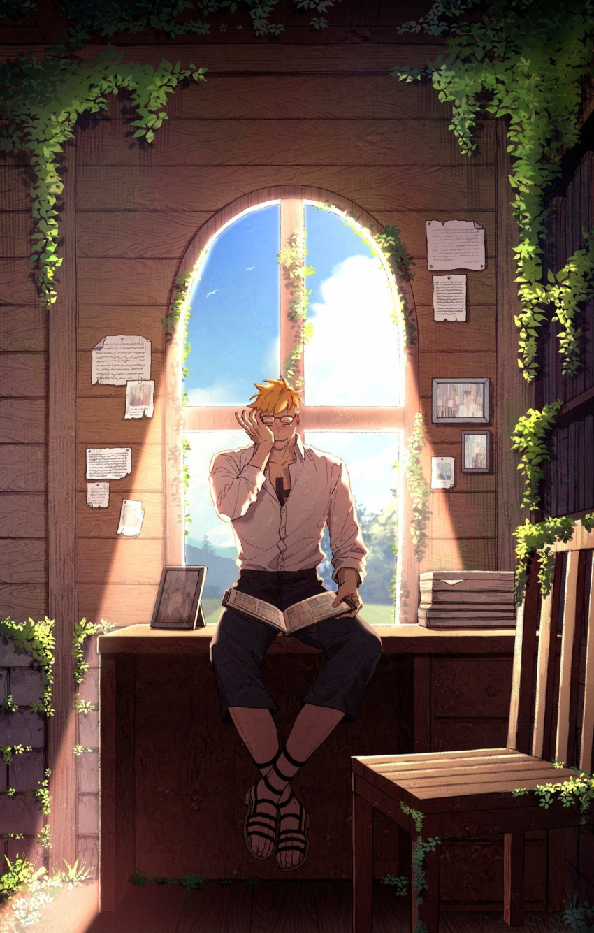 Safebooru - 1boy beard stubble blonde hair book commentary request crying facial hair full body ...