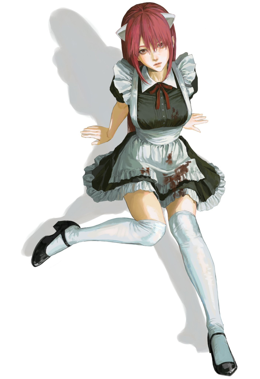 Safebooru - 1girl alternate costume apron arm support black shoes blood ...