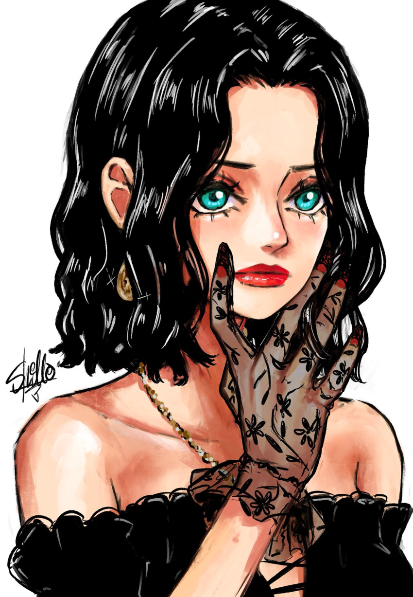 Safebooru - 1girl bare shoulders black hair blue eyes closed mouth commentary earrings eyeshadow ...