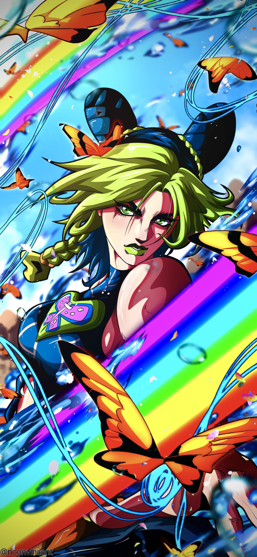 Safebooru - 1girl absurdres animal print blue hair blue shirt blue string braid bug butterfly ...