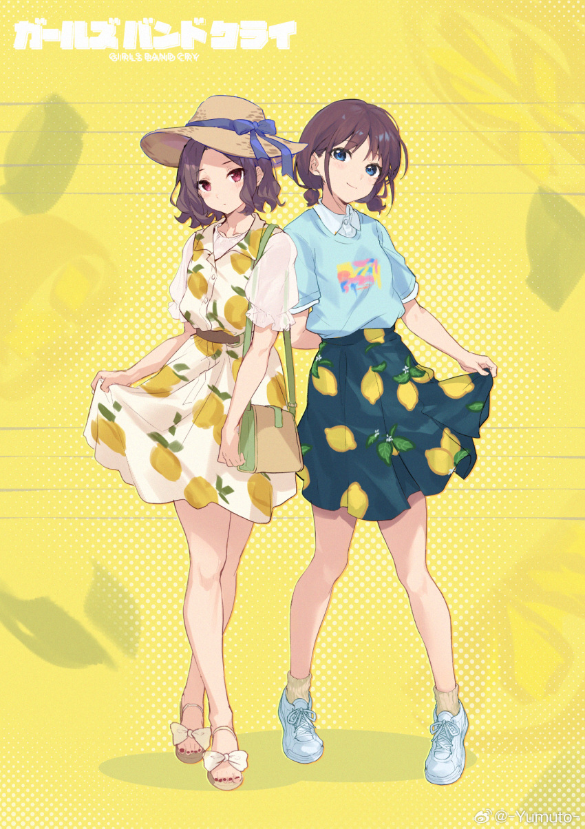 Safebooru - 2girls blue bow blue shirt blue skirt bow brown bag brown hair brown hat brown socks ...