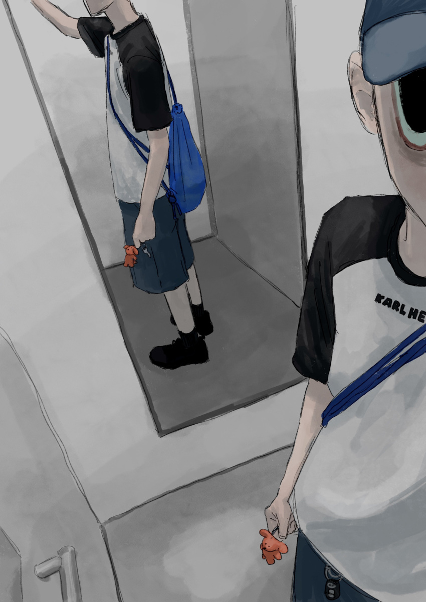 Safebooru - 1boy absurdres bag baseball cap black eyes black shoes black sleeves blue bag blue ...