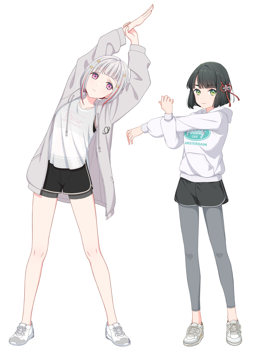 Safebooru - 2girls absurdres arms up bike shorts bike shorts under shorts black hair black ...