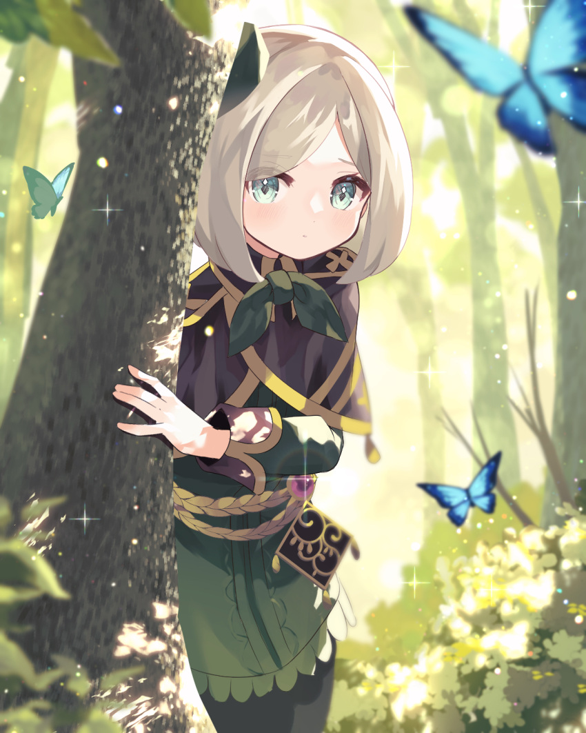 Safebooru - 1boy aromage laurel behind tree bishounen blonde hair blue butterfly blue eyes bow ...