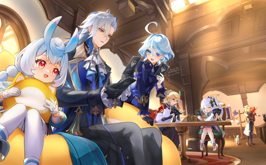 Safebooru - 3boys 4girls absurdres ahoge albedo (genshin impact) animal ears ascot black gloves ...