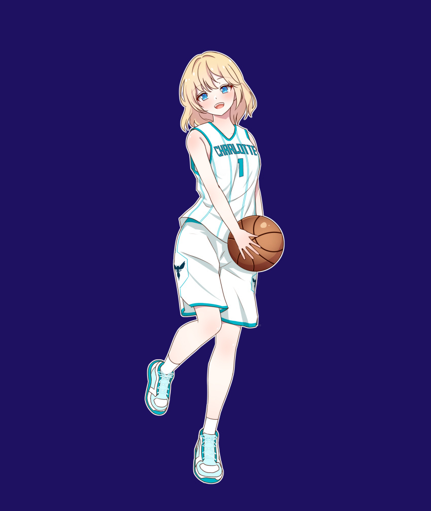 Safebooru - 1girl ball basketball (object) basketball jersey basketball uniform blonde hair blue ...