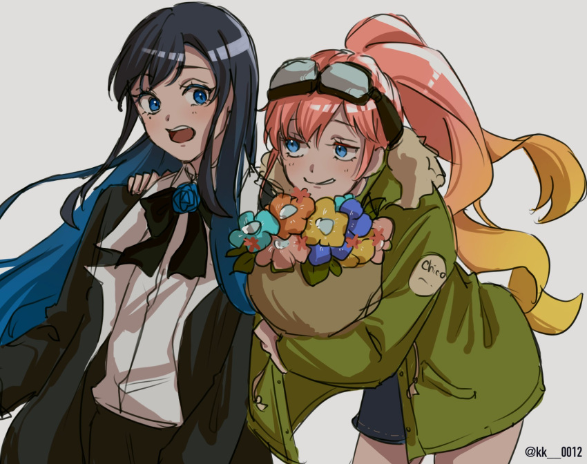 Safebooru - 2girls ado (utaite) black bow black bowtie black coat black hair blonde hair blue ...