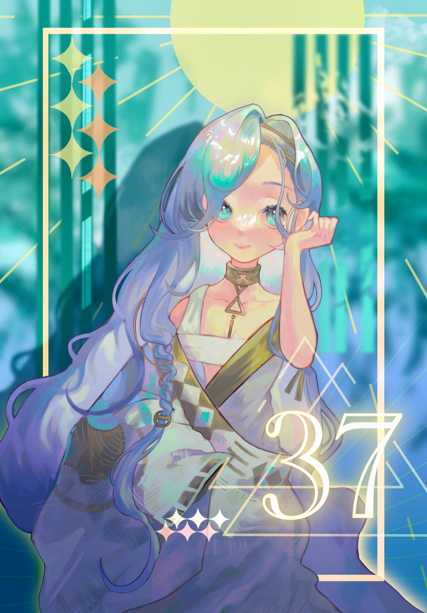 Safebooru - 1girl 37 (reverse:1999) absurdres ancient greek clothes blue background blue eyes ...