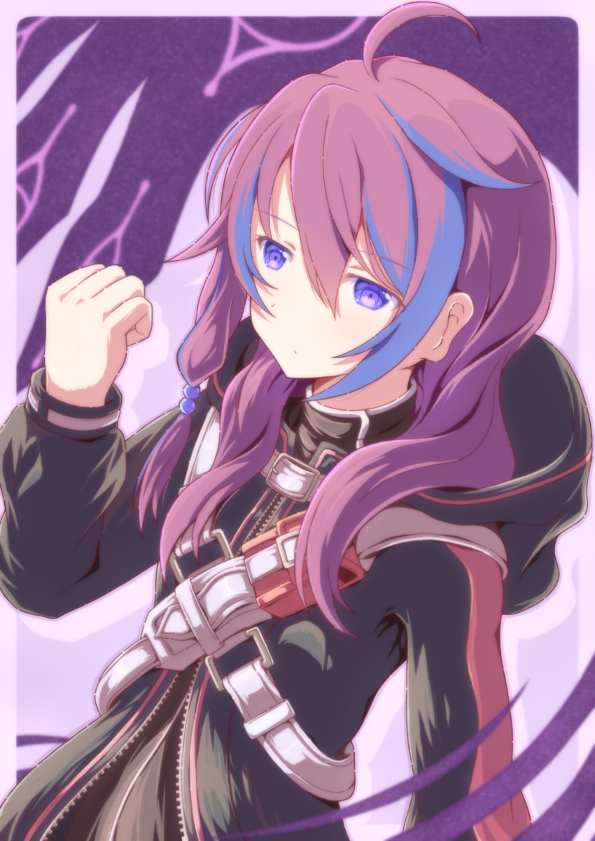 Safebooru - 1girl ahoge arm up belt binzume suika black hoodie blue hair clenched hand ...