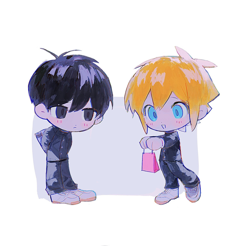 Safebooru - 2boys alternate costume antenna hair arms behind back bag basil (faraway) (omori ...