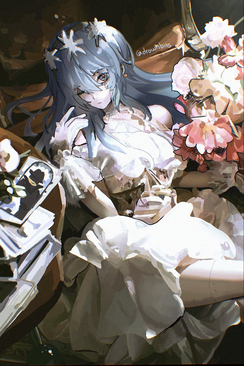 Safebooru - 1girl android blue eyes blue hair bouquet dream game dress drownbits eunoia (dream ...