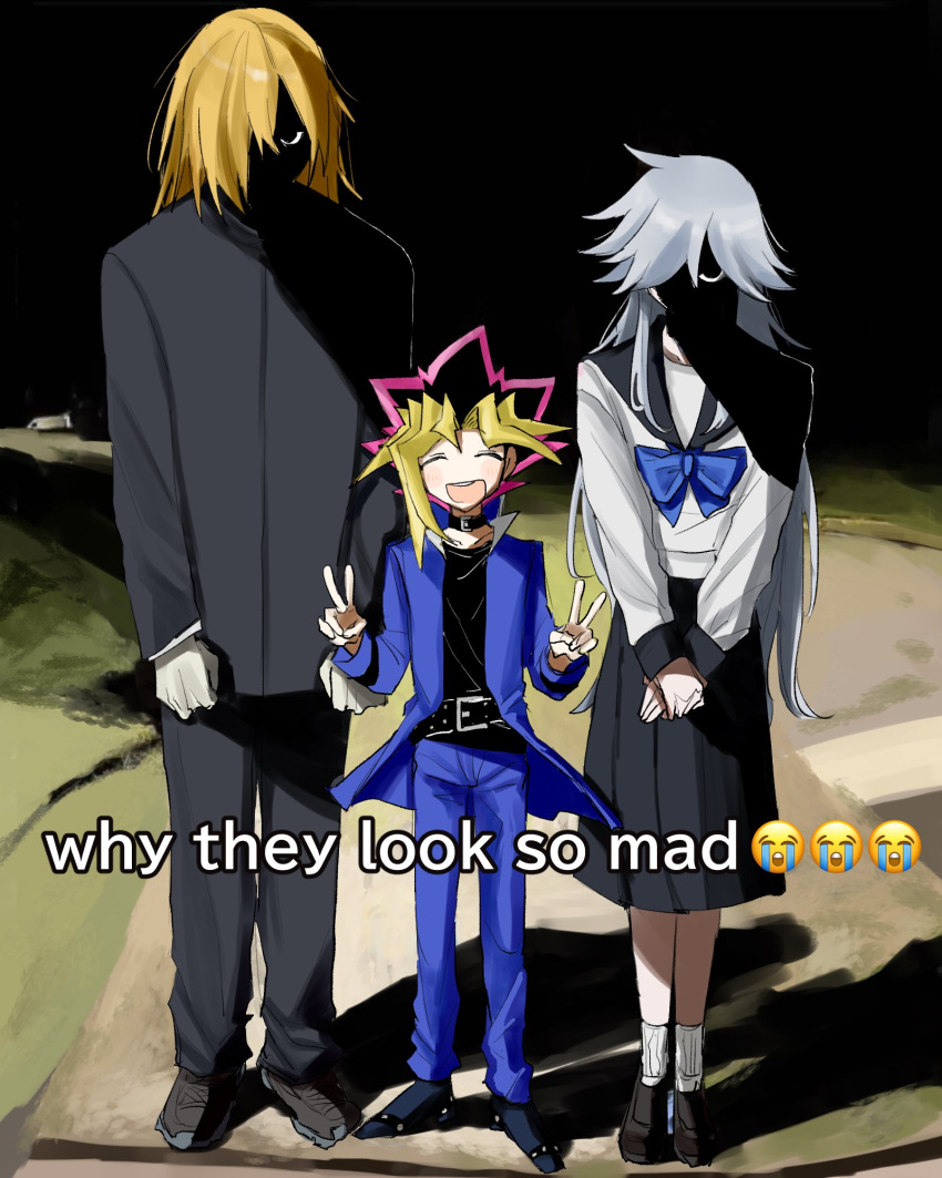 Safebooru - 1girl 2boys belt black choker black pants black shoes black ...