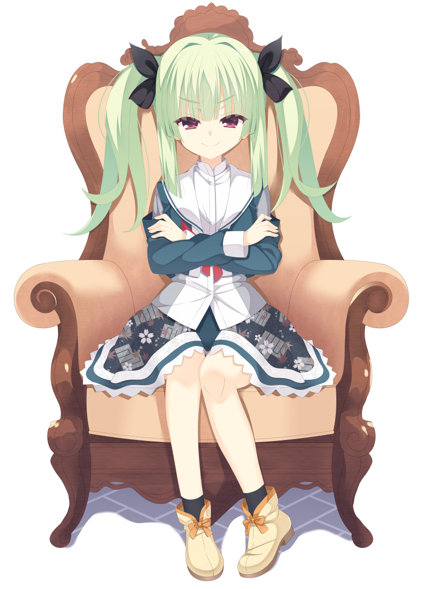 Safebooru - >:) 1girl absurdres alternate hairstyle armchair black bow blunt bangs blunt ends ...