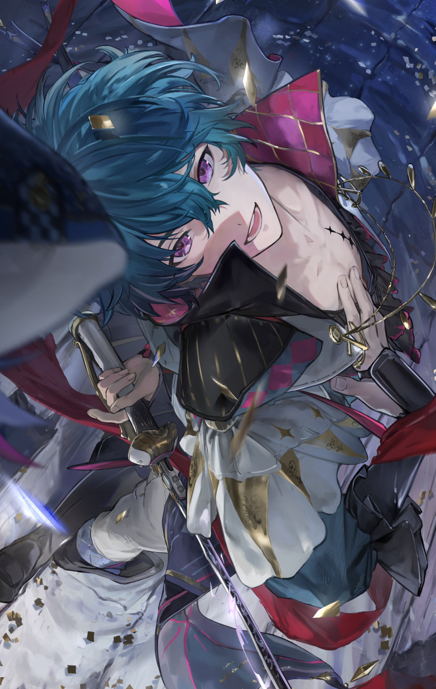 Safebooru - 1boy :d absurdres arm behind back bishounen black shoes blue hair brant (wuthering ...