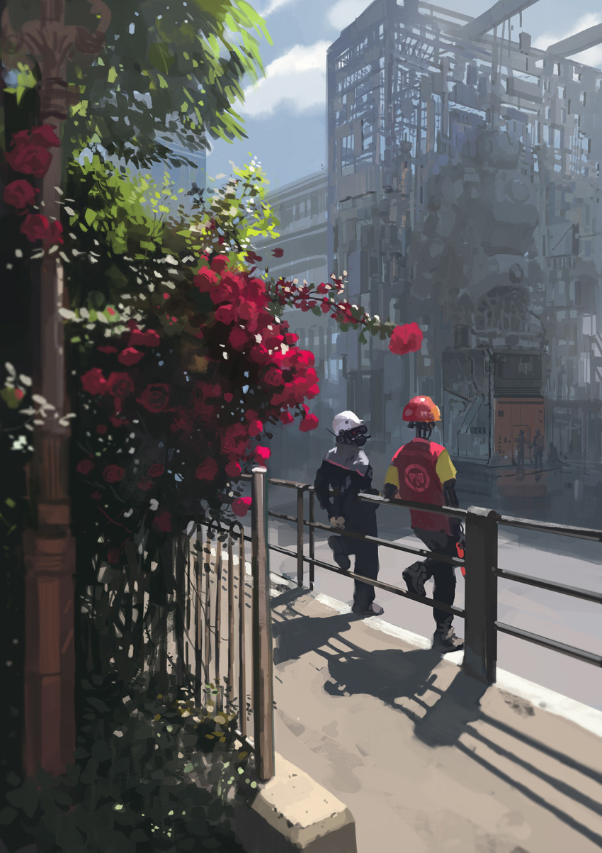 Safebooru - building flower helmet highres humanoid robot leaning back ...