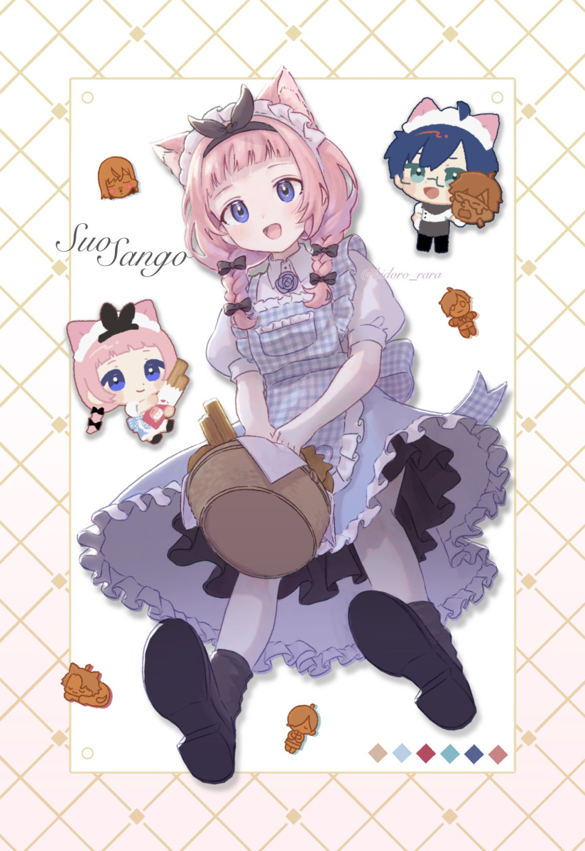 Safebooru - 1boy 1girl :d animal ears apron aqua-framed eyewear aqua eyes back bow basket black ...