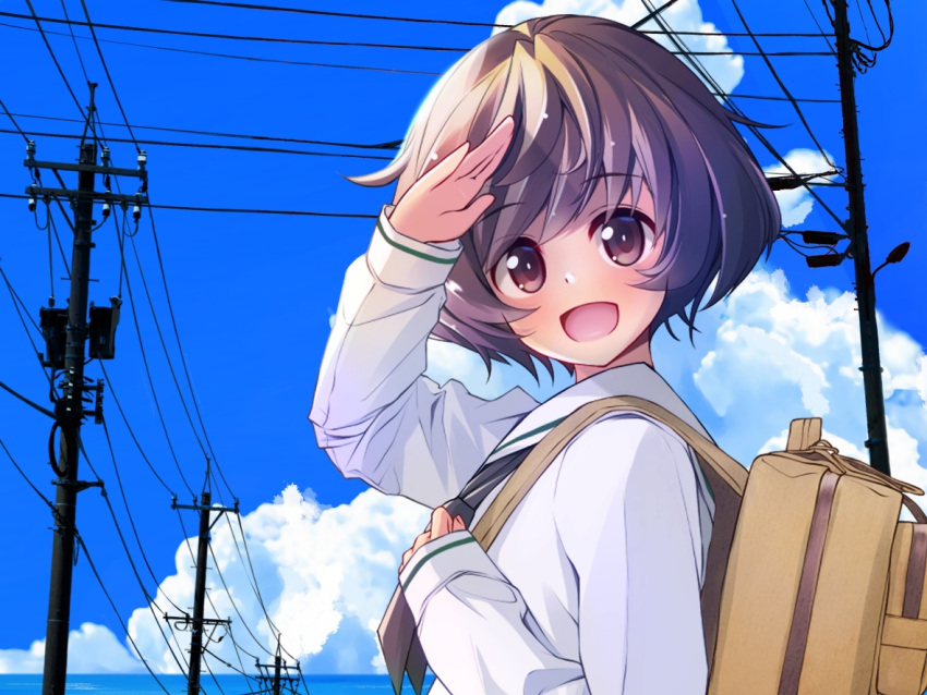 Safebooru - 1girl akiyama yukari backpack bag black neckerchief blouse blue sky brown eyes brown ...