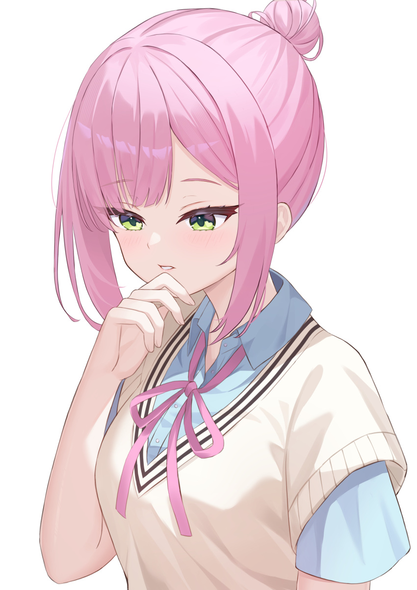 Safebooru - 1girl absurdres ayabanka blue shirt blunt bangs blush casual collared shirt ...