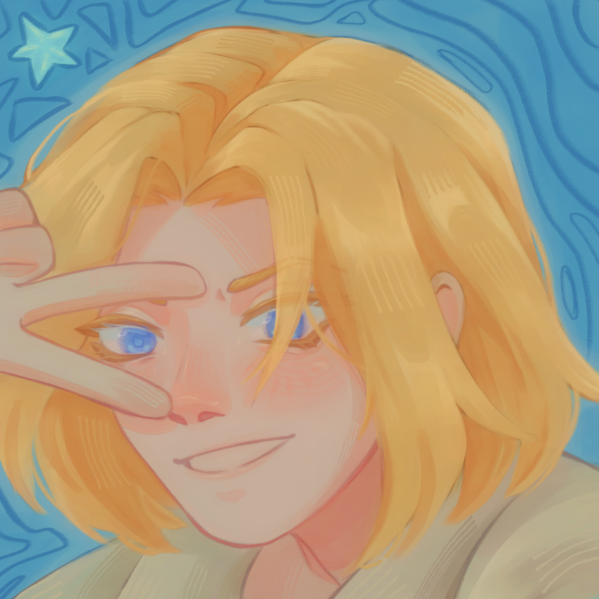Safebooru - 1boy blonde hair blue background blue eyes harmorii highres ...