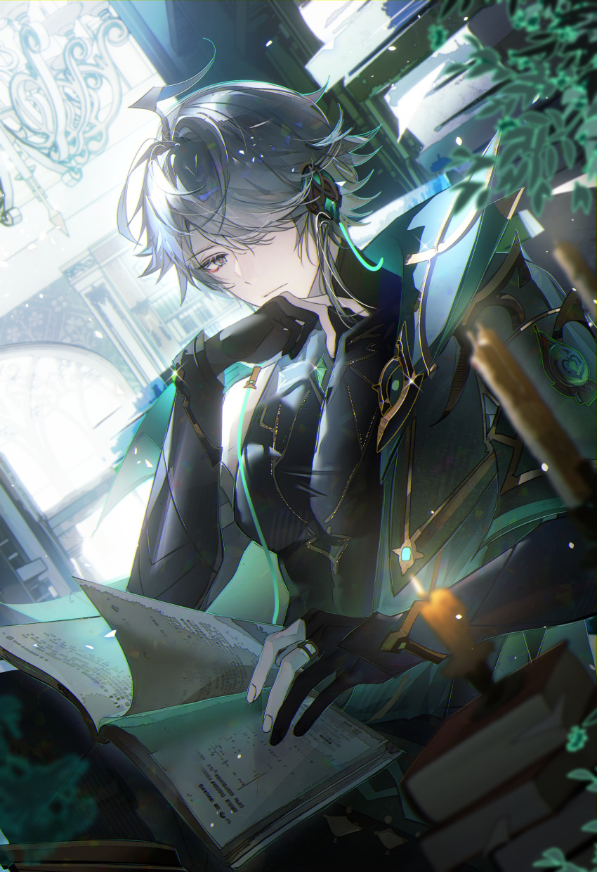 Safebooru - 1boy absurdres ahoge alhaitham (genshin impact) aoiinu0125 arm support armlet black ...