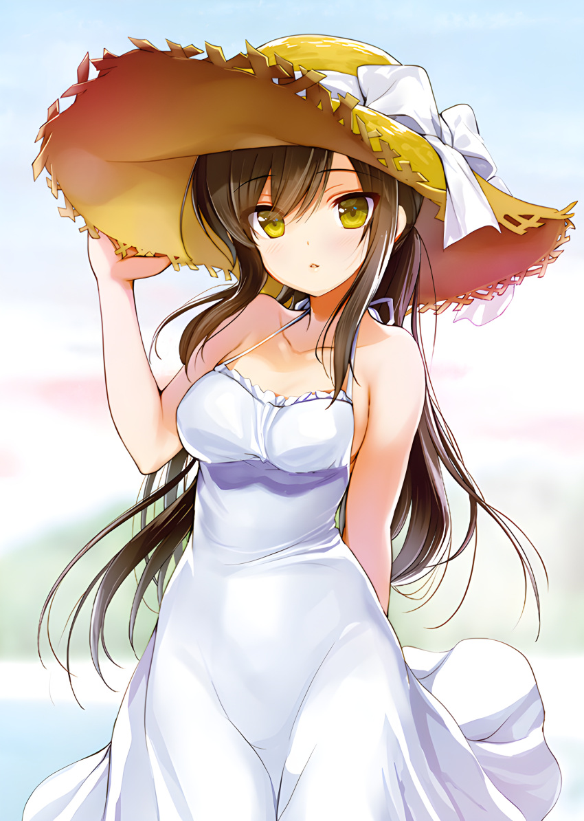 Safebooru - absurdres bare shoulders black hair breasts brown eyes collarbone dress emily (pure ...