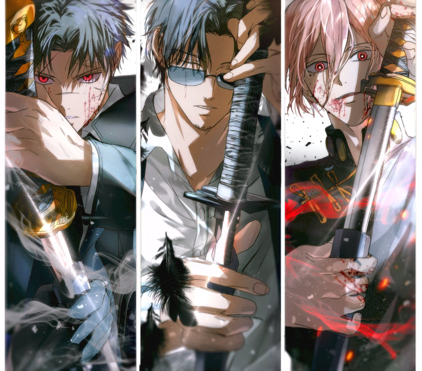 Safebooru - 3boys black hair black jacket closed eyes collared shirt ...