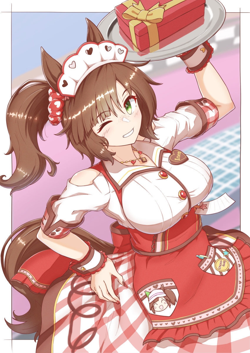 Safebooru - 1girl absurdres animal ears apron blush box breasts brown hair clothing cutout ...