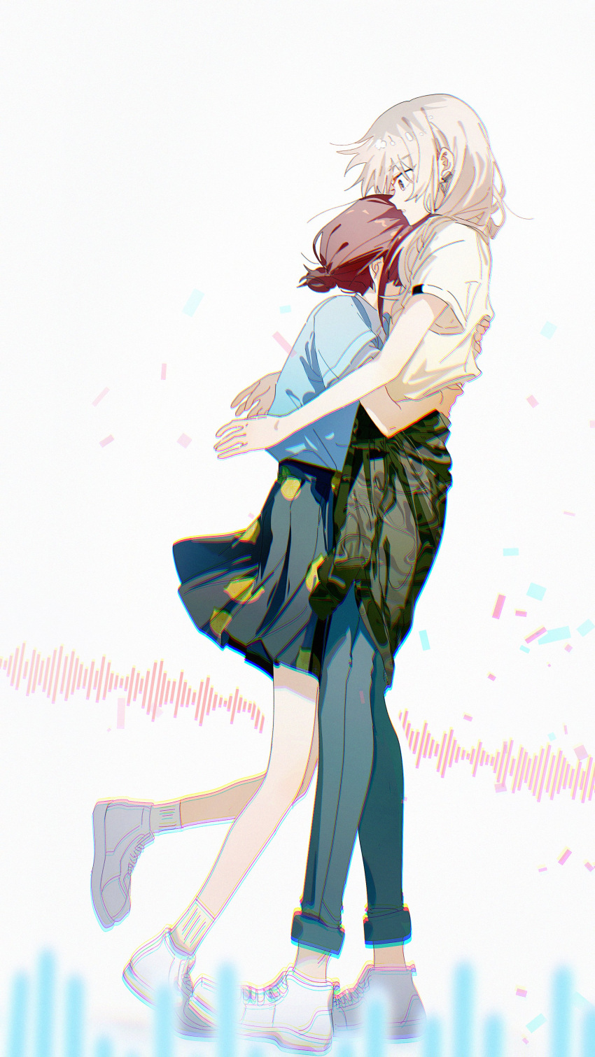 Safebooru - 2girls absurdres black skirt blue pants blue shirt blush brown hair brown socks ...