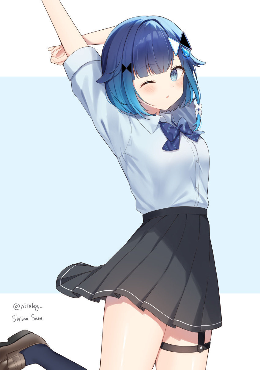 Safebooru - 1girl ;o absurdres arm behind head arms up black skirt blue background blue eyes ...