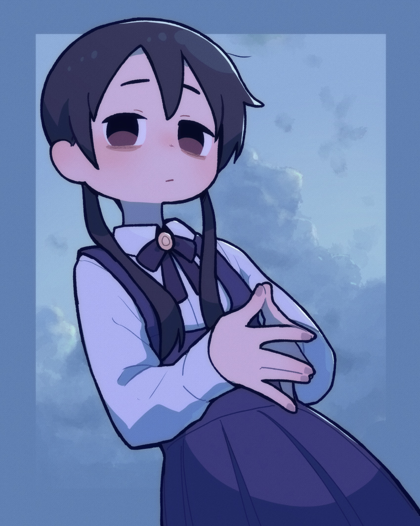 Safebooru - 1girl :/ bags under eyes black hair brooch brown eyes closed mouth clouds cloudy sky ...